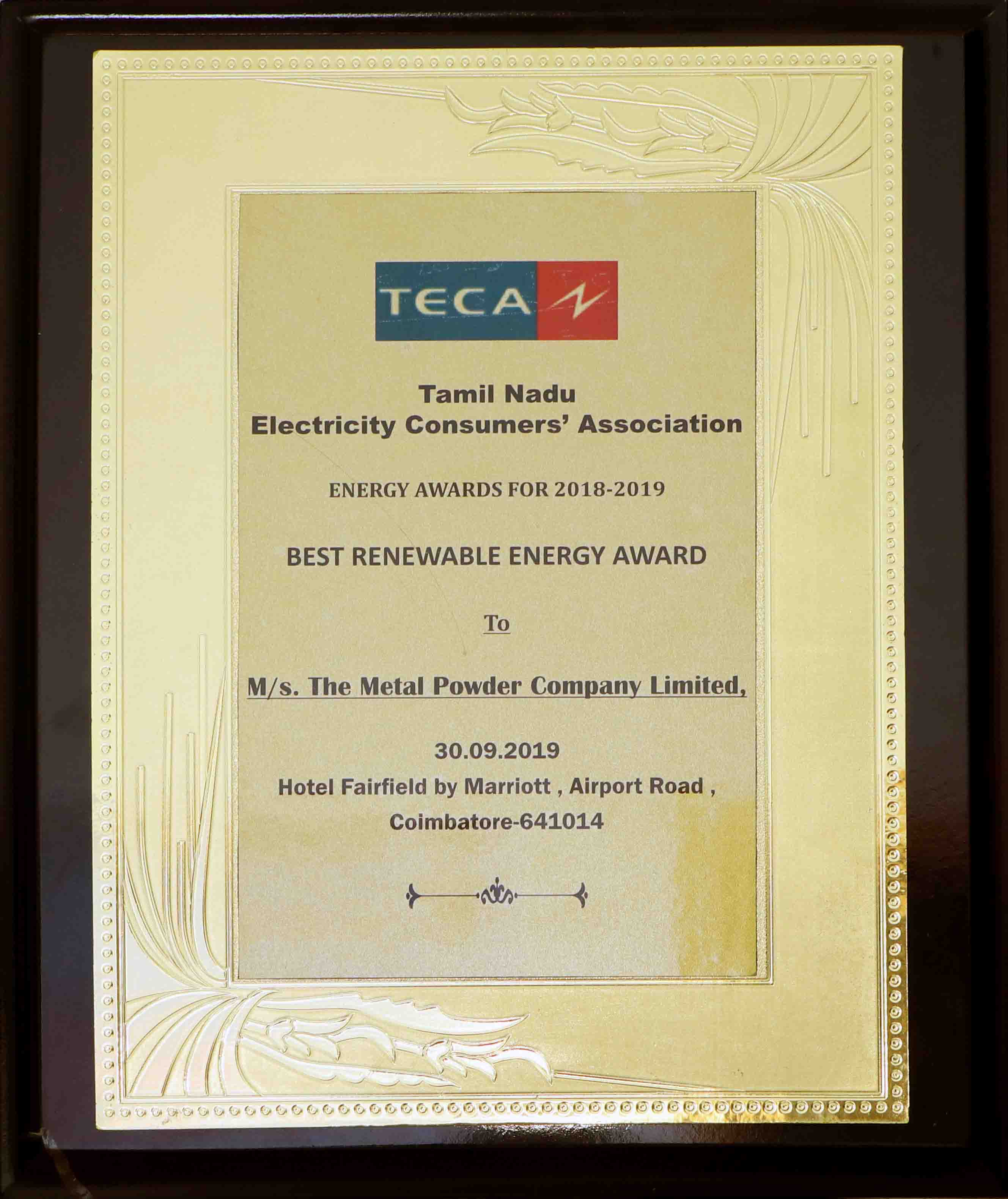Best Renewable Energy Award from TECA 2019 | Mepco - The Metal Powder ...